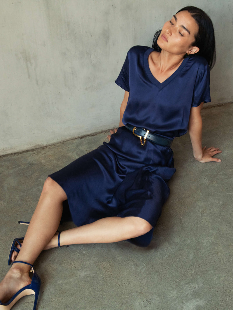 Mabel Bias Cut Satin Midi Skirt - It's Navy | Nation Los Angeles